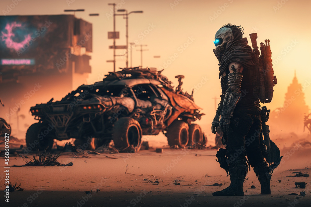 Back view of a post apocalyptic Character inspired and a car in the ...