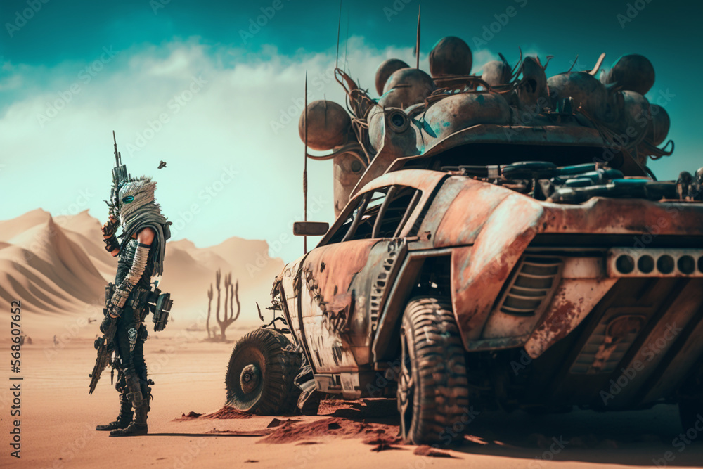 Back view of a post apocalyptic Character inspired and a car in the ...
