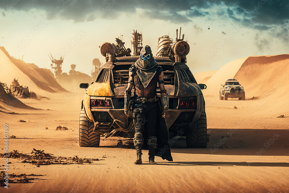 Back view of a post apocalyptic Character and a car in the desert ...