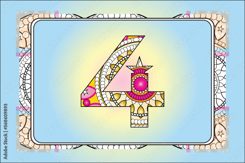 Adult coloring page with number 4. Ornamental font.mandala number 4 ...