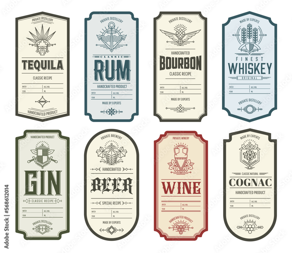 Vintage alcohol labels, tequila, whiskey, rum, gin Stock Vector | Adobe ...
