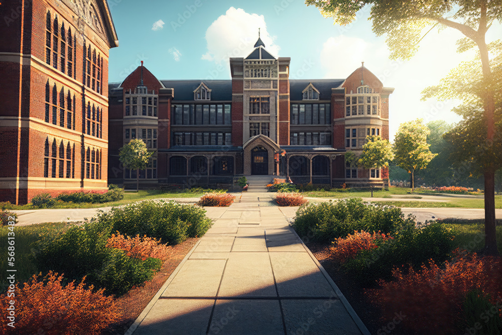 University building with walkway in front of school or university ...