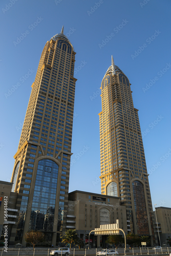 Dubai, UAE - February 14,2022: Central Towers in Dubai are a pair of ...