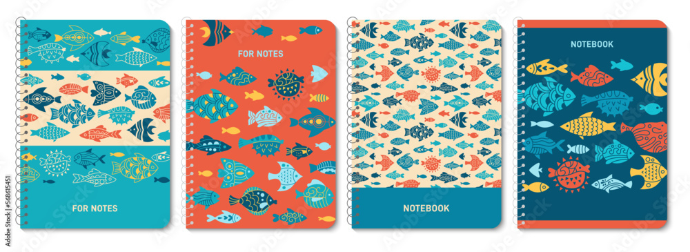 Abstract fish trendy notebook cover set. Exotic nautical design for ...