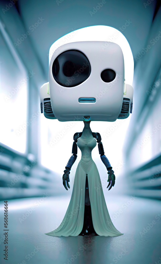 Female cyborg robot character with a white dress and a square head with ...