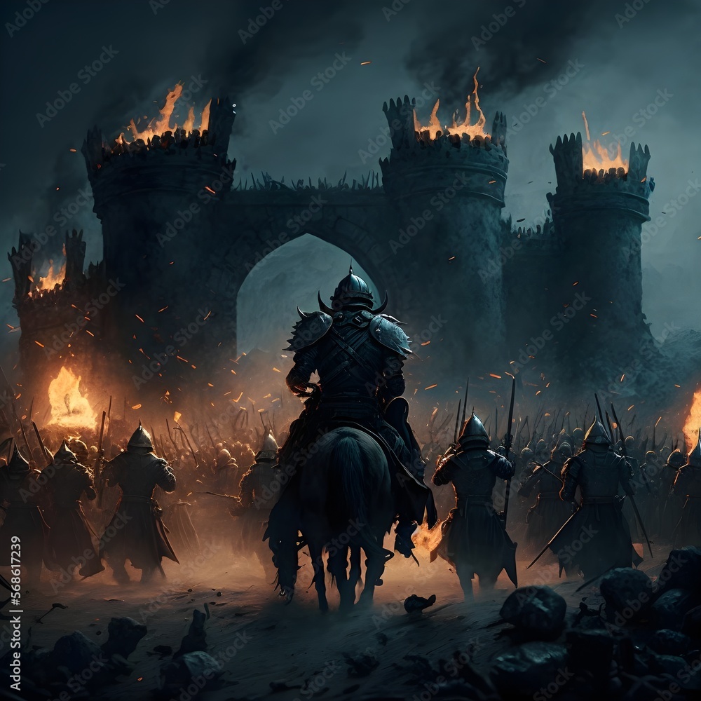 battlefield huge army of knights attacking a mighty black fortress fire ...