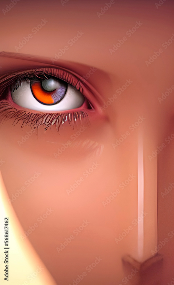 An orange and grey color eye of a plastic looking fictitious person ...