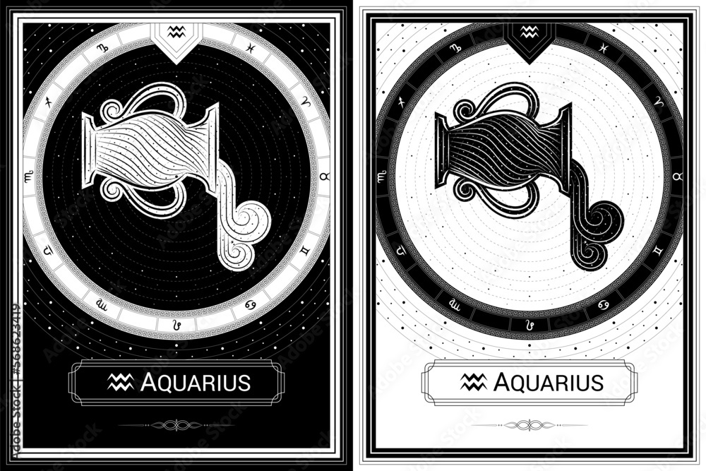 Water-Bearer Aquarius Zodiac Sign and Symbol, Classic Luxury Circular ...