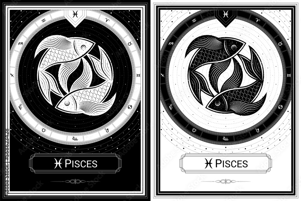 Two-Fish Pisces Zodiac Sign and Symbol, Classic Luxury Circular Black ...