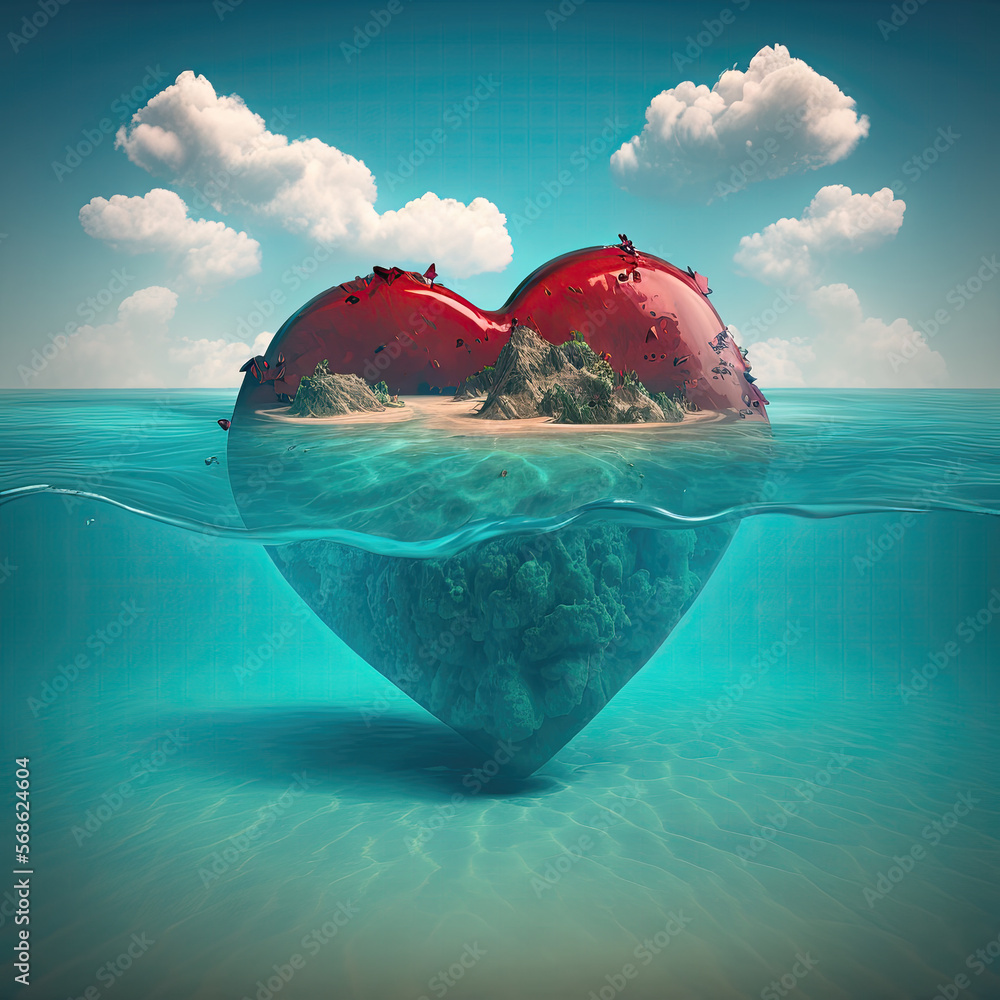 Red heart island floats immersed in water in warm turquoise colours ...