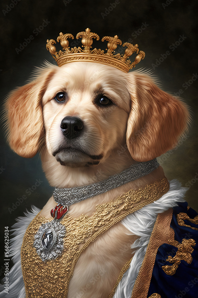 cute golden retriever puppy dog wearing a king's crown and king robe ...