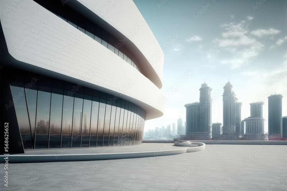 Modern architecture building design with empty concrete floor and urban ...