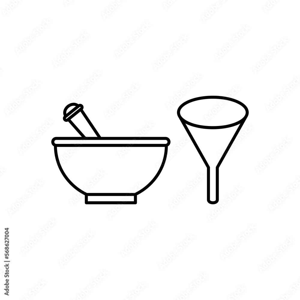 Set ikon vektor garis besar laboratorium sains kimia. Farmasi dan kimia ...