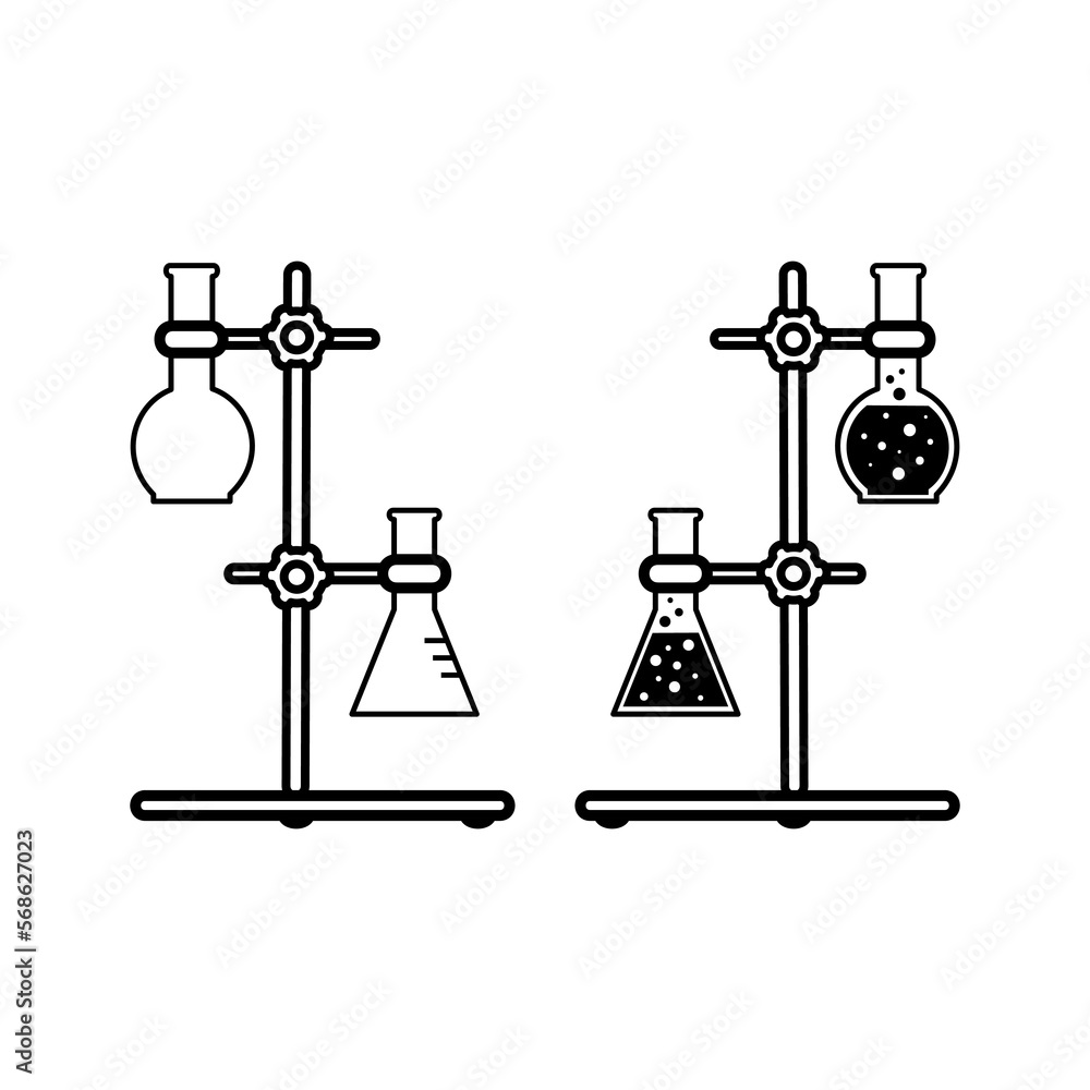 Set ikon vektor garis besar laboratorium sains kimia. Farmasi dan kimia ...