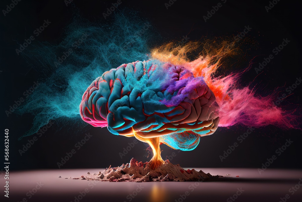 Concept art of a human brain exploding with knowledge and creativity ...