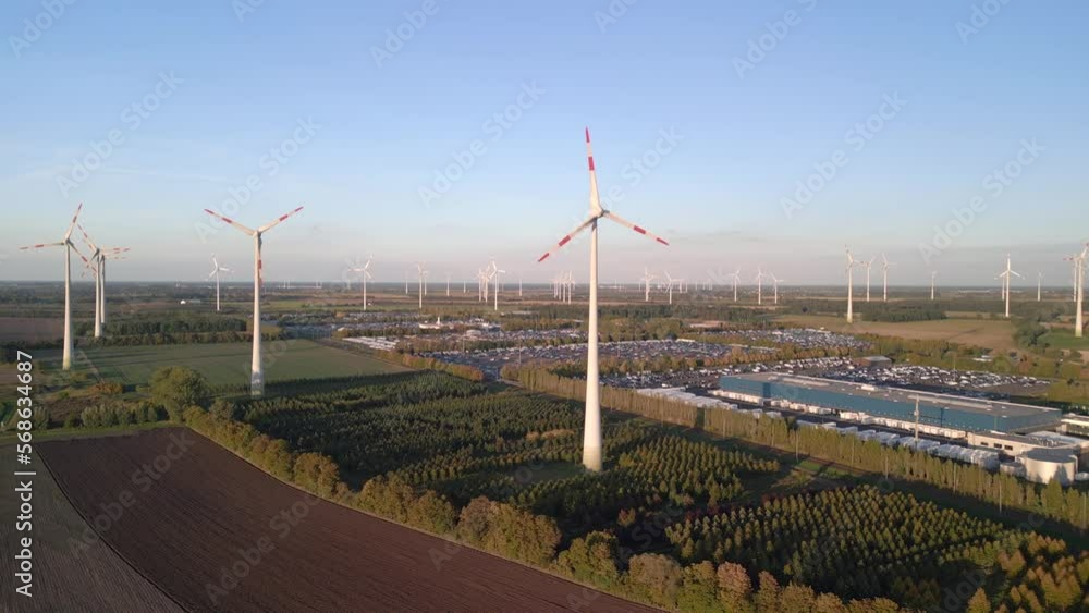 Majestic aerial view flight panorama overview drone of a Wind farm ...