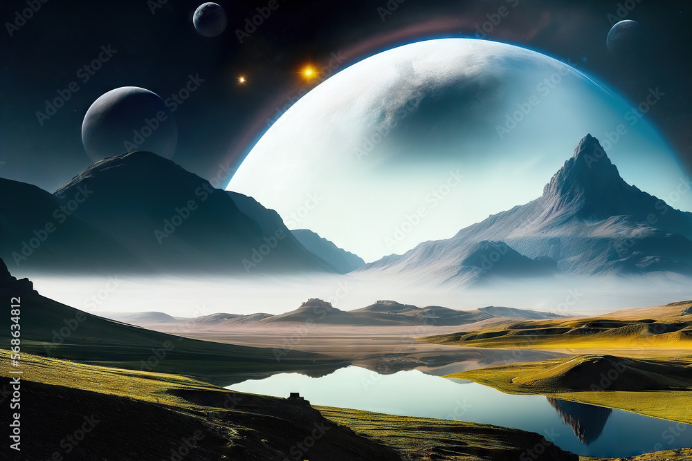 Futuristic Terrain of Moons and Mountain Ranges Generative AI Art ...