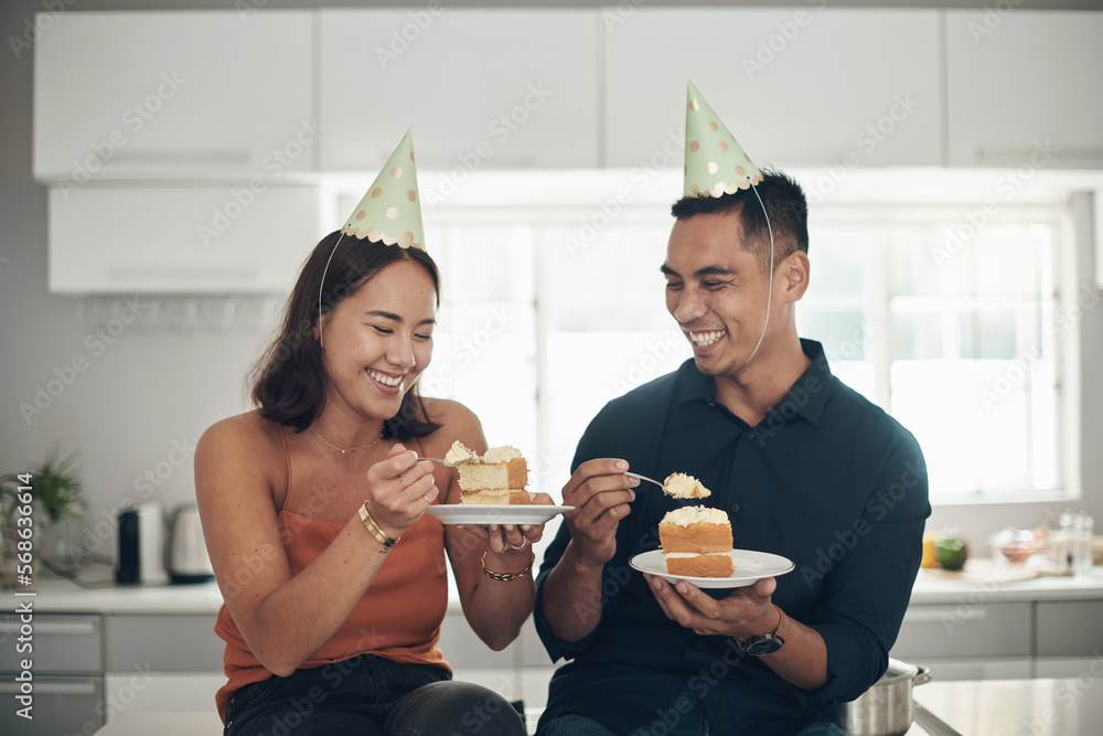 Birthday, cake and couple in a kitchen for celebration, happy and ...
