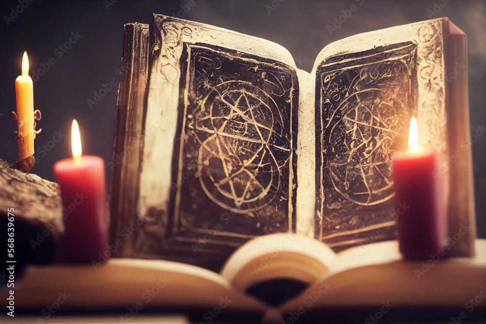 Open old book with magic spells, runes, black candles on witch table ...