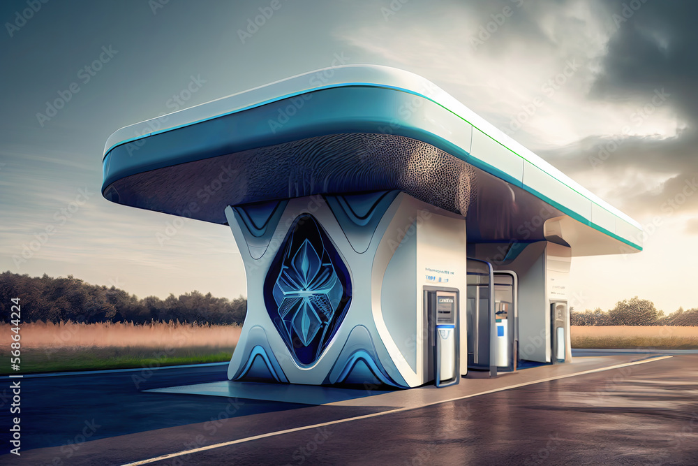 A futuristic hydrogen gas station, blending seamlessly with its open ...