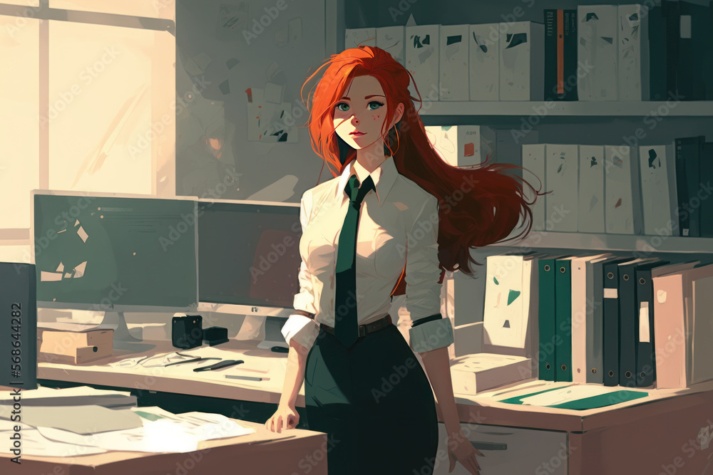 Beautiful anime business woman with long red hair and tie standing in ...