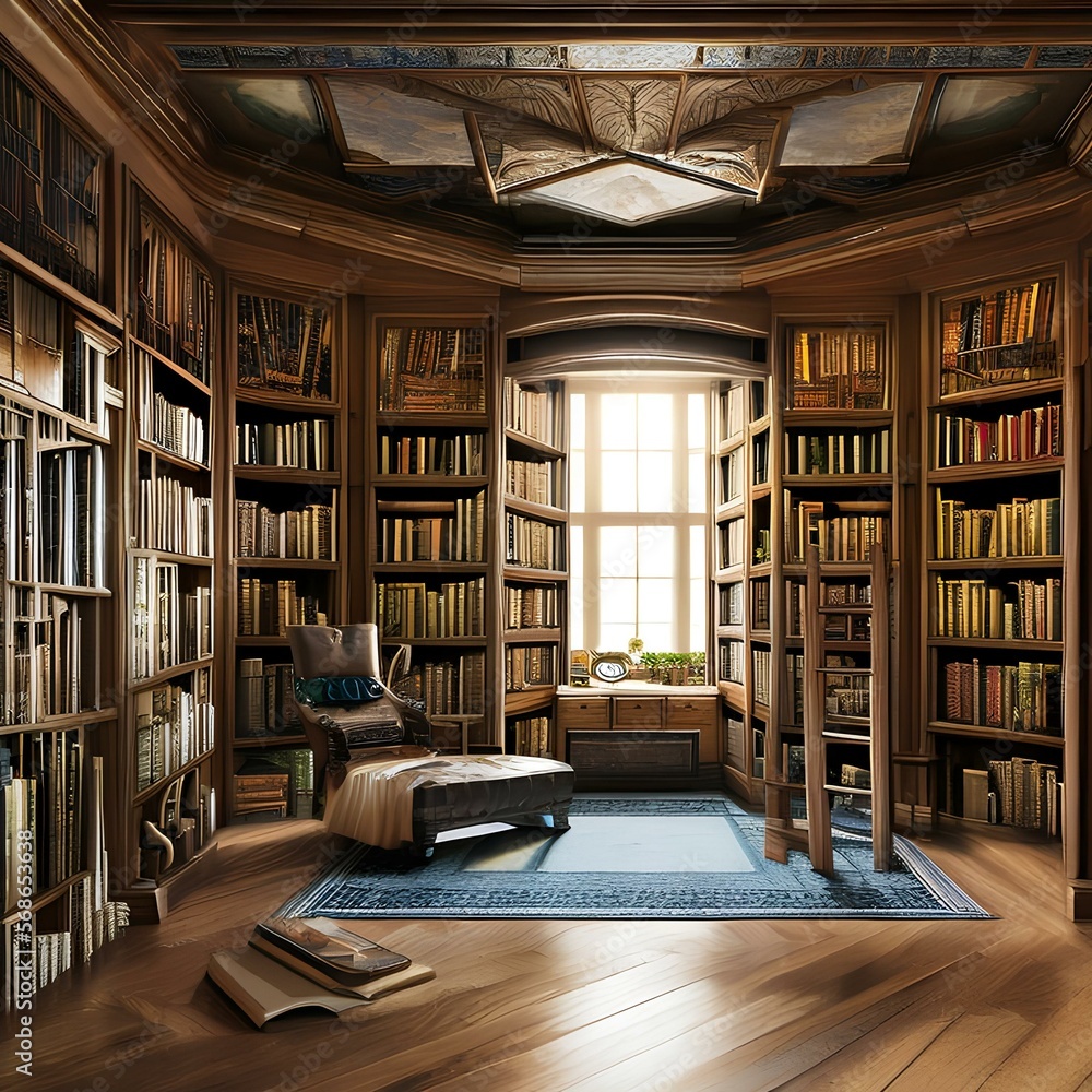 A traditional home library with built-in bookshelves and a ladder2 ...