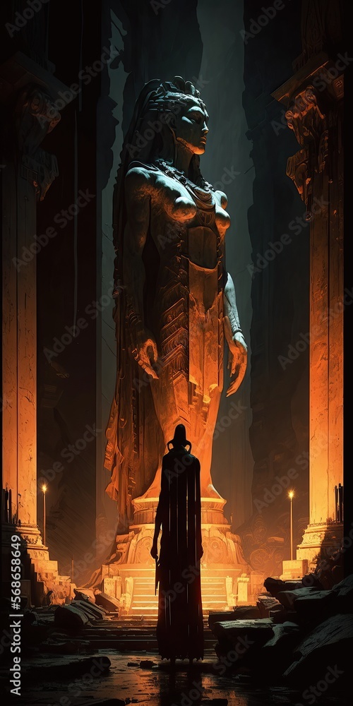 huge ancient stone statues in desert with girl standing in the front ...