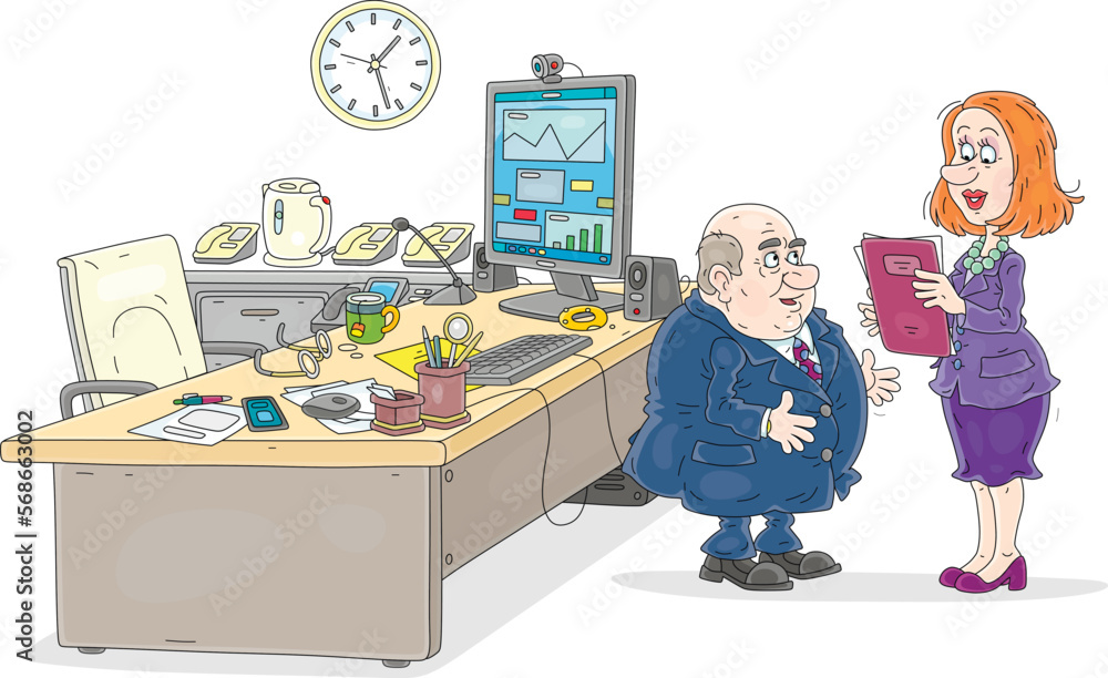 Chubby bald and lustful government official or a businessman standing ...