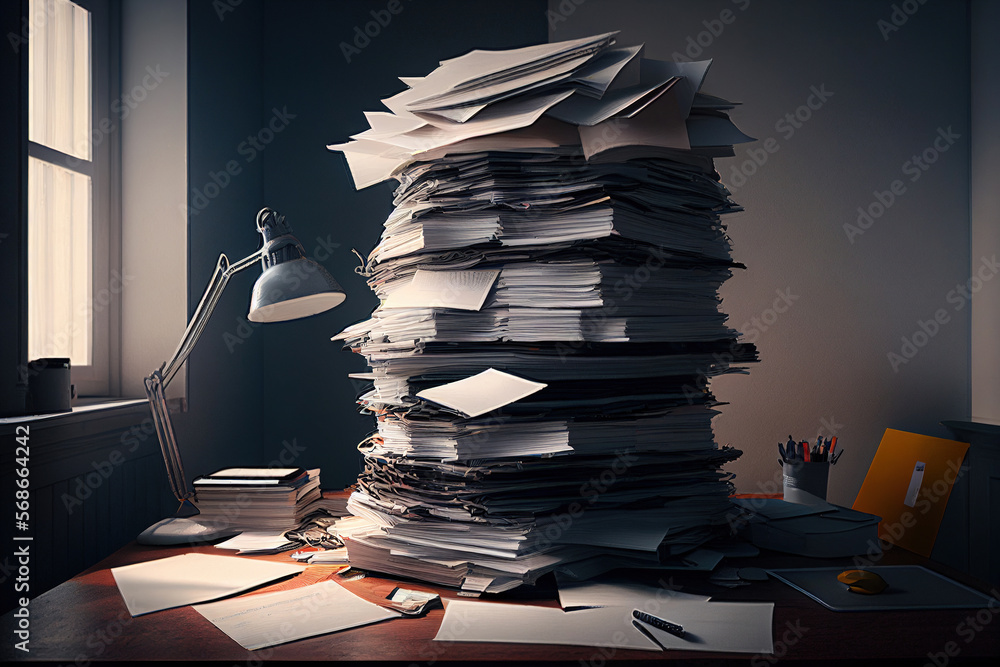 A cluttered desk overwhelmed by a towering stack of paperwork, epitomizing the chaos of ...