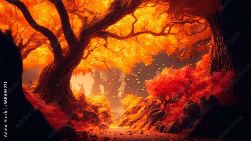 Fantasy and calm autunm forest. Magic pathway in magical orange forest ...