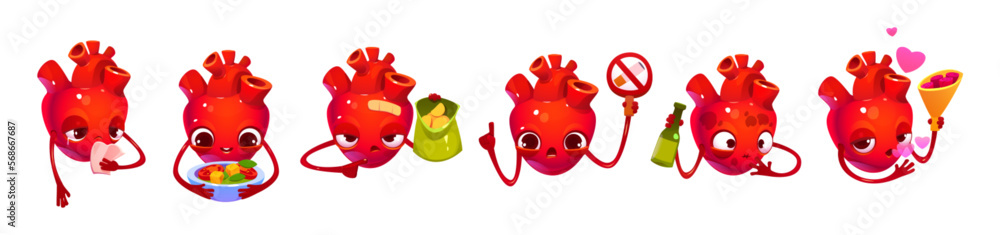 Cute heart organ cartoon character isolated set. Healthy and disease ...