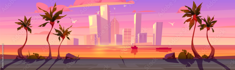 Sunset tropical background with palm trees and empty asphalt road. Sea ...