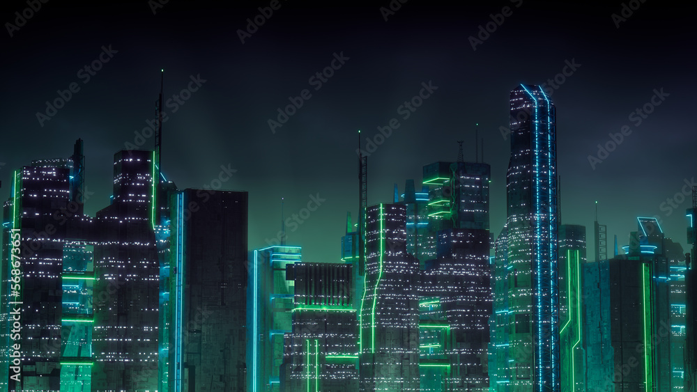 Futuristic Metropolis with Green and Blue Neon lights. Night scene with ...