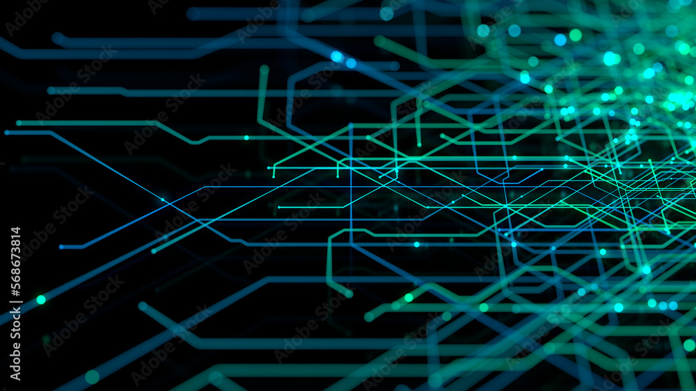Futuristic Digital Lines form a Technical Grid. Blue and Green ...