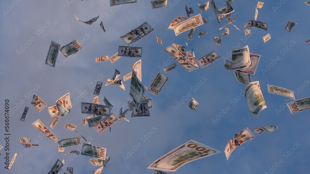 Banknotes falling from the Sky. One Hundred Dollar Bills against ...