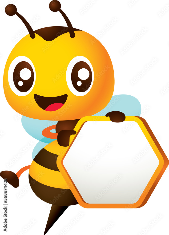 Cartoon cute smiling honey bee pointing finger on empty honeycomb ...