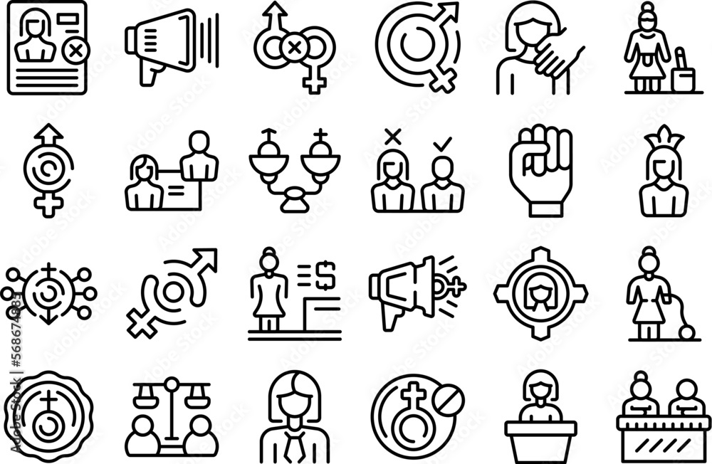 Gender discrimination icons set outline vector. Work violence. Abuse ...