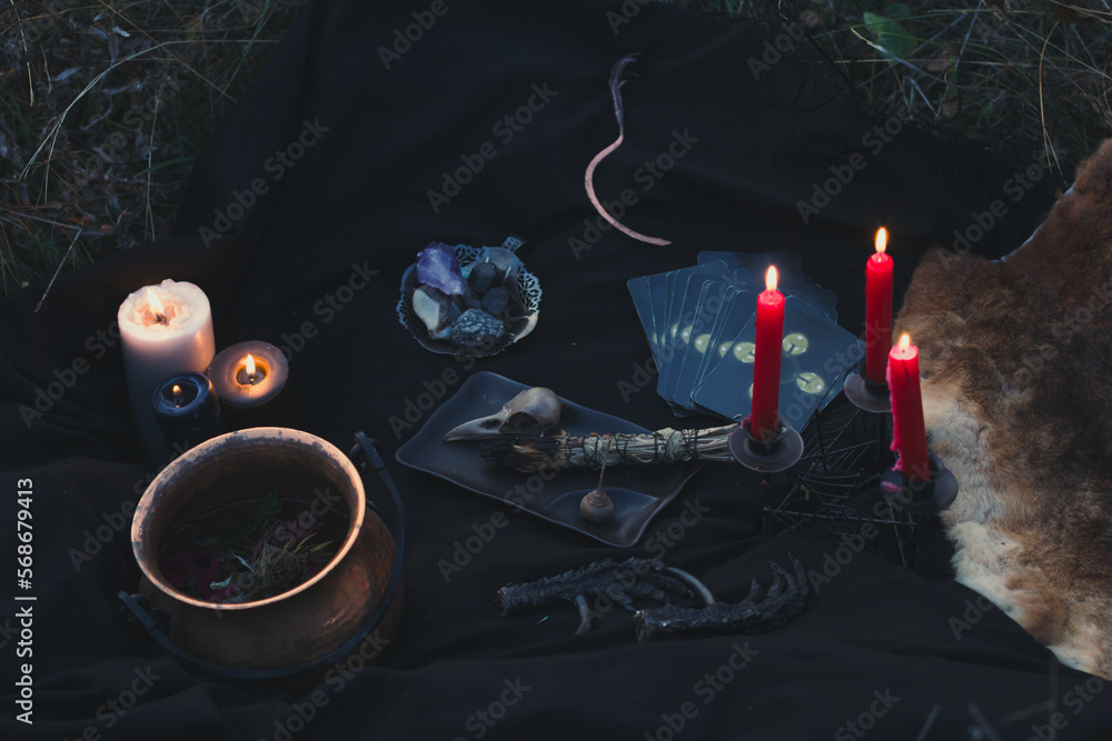 Close up magical tools for ritual concept photo. Dark witchcore ...