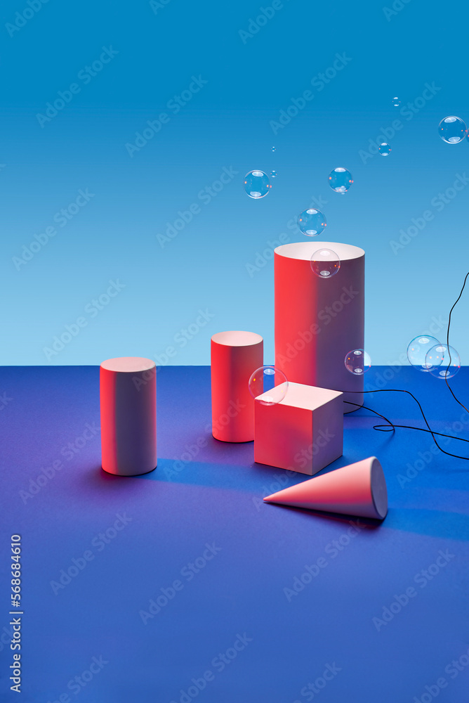 Red and blue geometrical platonic solids figures still life composition ...