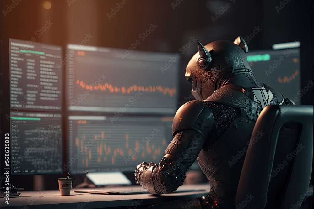 Robot trading on candlestick chart of a computer screen using ... Robot trading on candlestick chart of a computer screen using ...