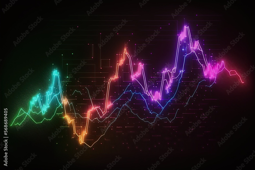 A dark background with visuals of colorful chart. Symbol of trading and ...