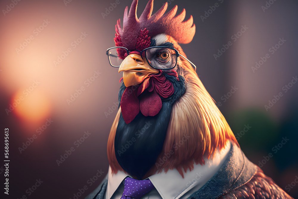 Portrait d'un coq anthropomorphe businessman travaillant dans les ...