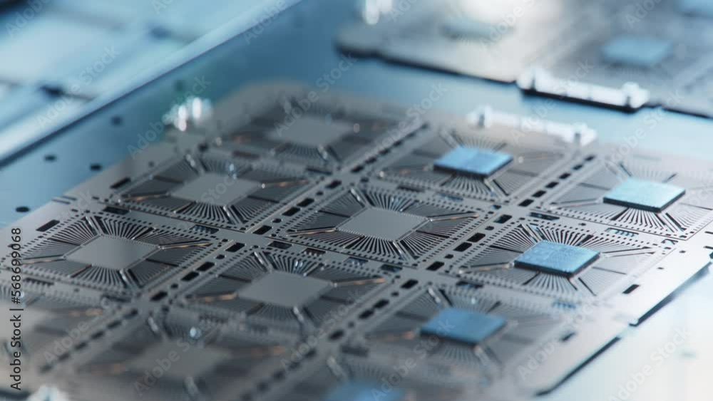 Semiconductor Packaging Process. Close-up of Extracted from Semiconductor Wafer Silicon Dies are ...
