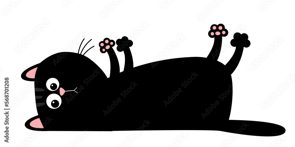 Cat lying on his back. Cartoon baby pet character. Paw print. Long body ...