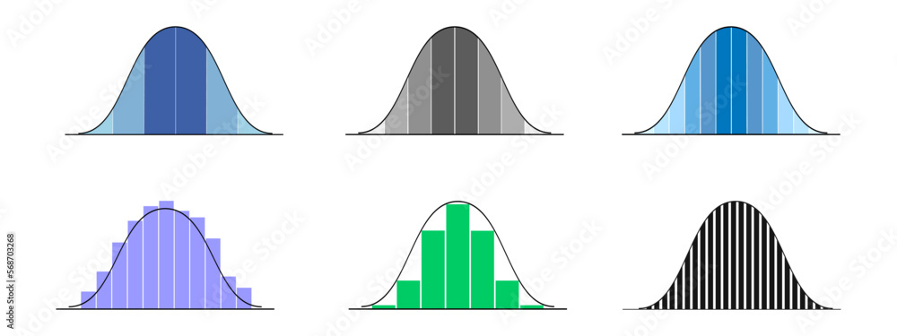 Set of Gaussian or normal distribution histograms. Bell curve templates ...
