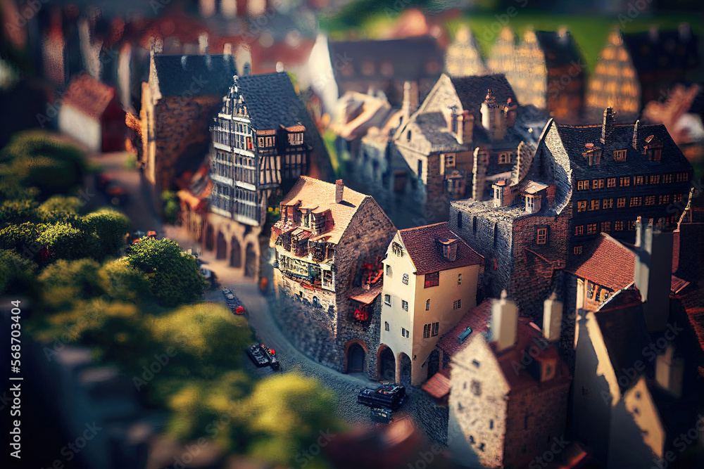 Old medieval city street with buildings as miniature models (Generative ...