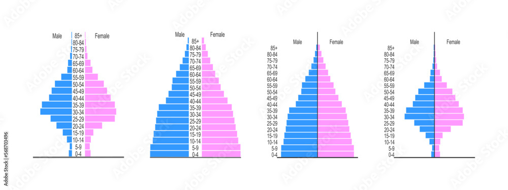 Set of population pyramids. Age structure diagram templates. Examples ...