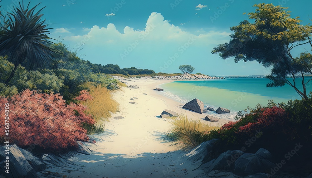 Beautiful summer beach background design. Oil paint paradise tropical ...