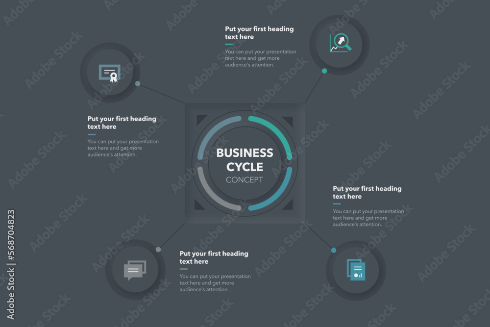 Business cycle template with four stages - dark version. Slide for ...
