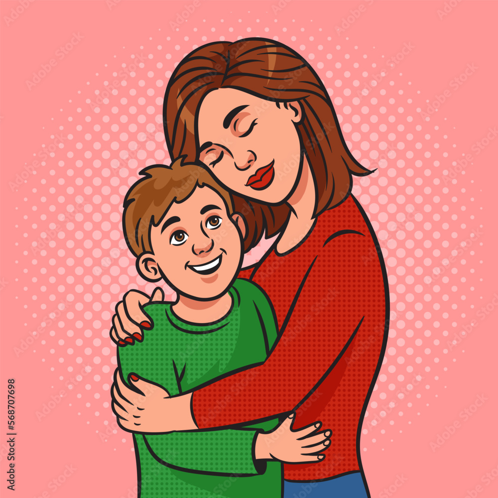 Mother Hugging Her Son Pinup Pop Art Retro Vector Illustration Comic